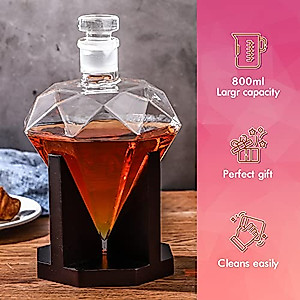 Whiskey Decanter, Diamond Decanter, Glass Liquor Decanter with Wooden Holder for Bourbon, Liquor, Rum, Bourbon, Scotch, Great Gifts for Men Glass Decanter with Airtight Stopper - 850ml/27OZ