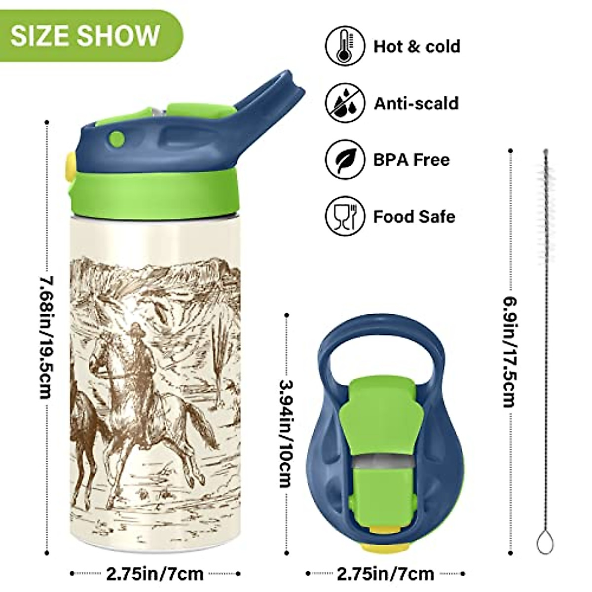 xigua West Cow Boy Kids Water Bottle,Vacuum Insulated Bottles with Straw Lid,Leakproof Stainless Steel Thermos Bottles for Girls and Boys