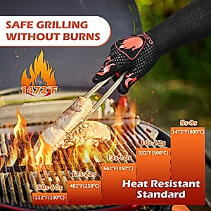 ELUTENG BBQ Long Gloves 1472℉ Heat Resistant Grilling Glove Silicone Non-Slip Oven Heatproof Longer Kitchen Washable Gloves for Barbecue, Cooking, Baking, Camping Fire Pit Black