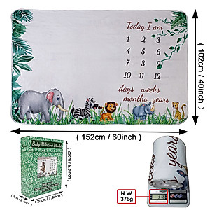 vmaisi Baby Milestone Blanket Gifts - Newborn Boy & Girl Monthly Year Infant Growth Blankets Nursery Swaddling Blankets (Green Animals - Baby, Double Printed)