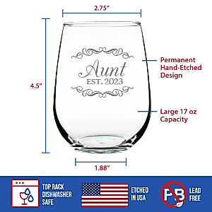 Aunt Est 2023 - New Aunties Stemless Wine Glass Gift for First Time Aunts - Decorative 17 Oz Large Glasses