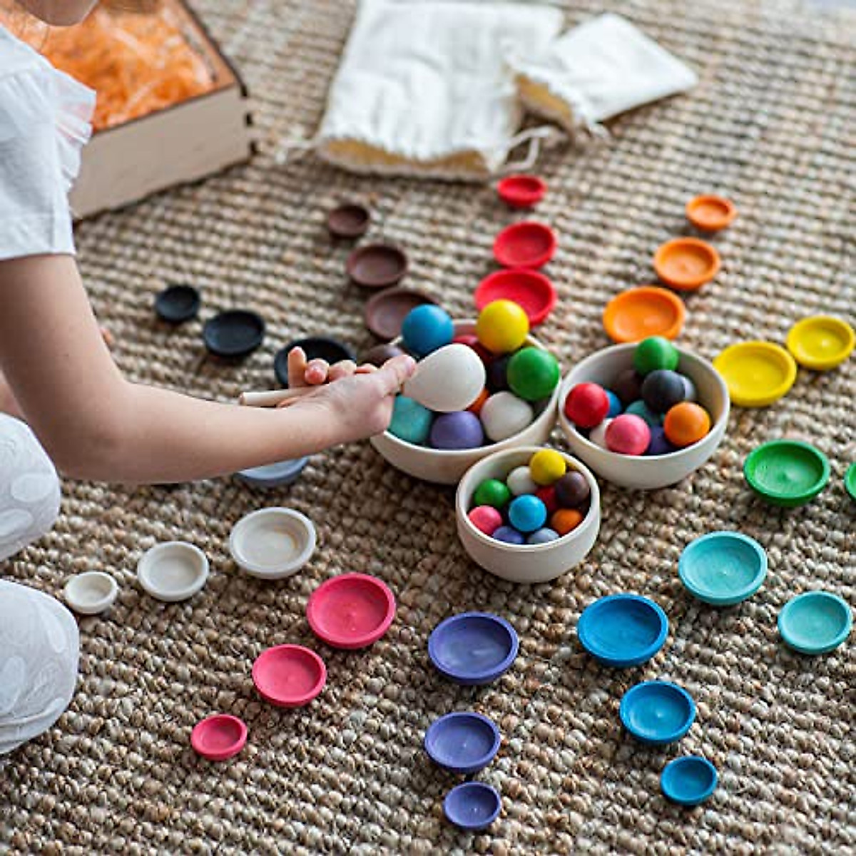 Ulanik Colors and Sizes Toddler Montessori Toys for 3 Year Old + Kids Wooden Matching Game for Learning Size & Color Sorting and Counting — 36 Balls on Plates