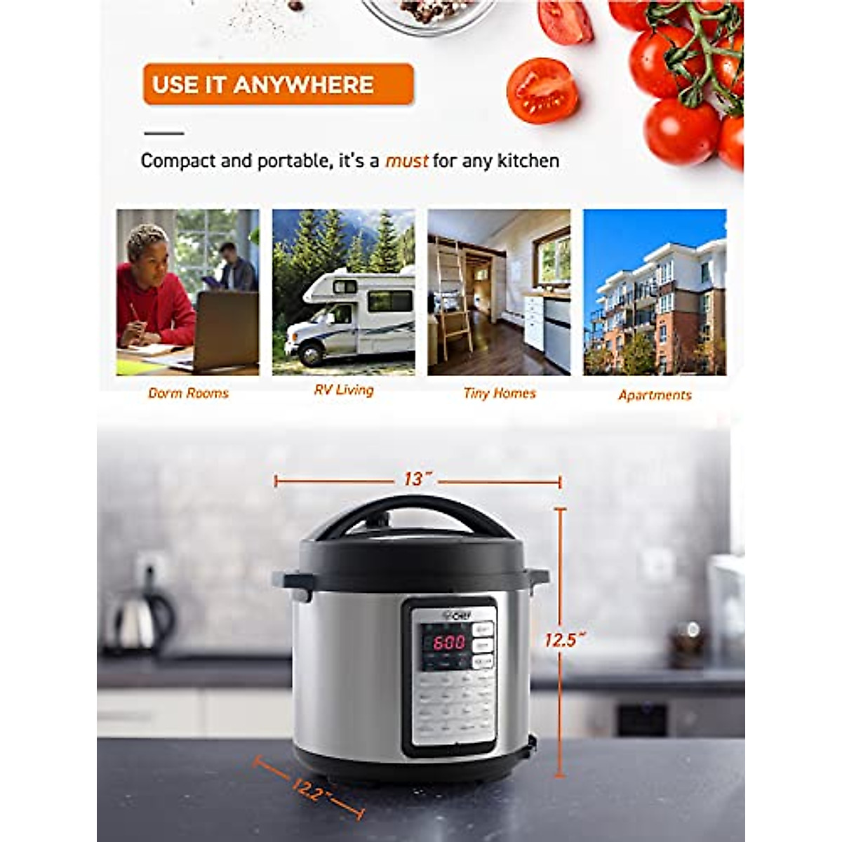 Commercial Chef Electric Pressure Cooker 6.3 Quarts, 24-Hour Preset Timer, Stainless Steel Interior with Safety Features