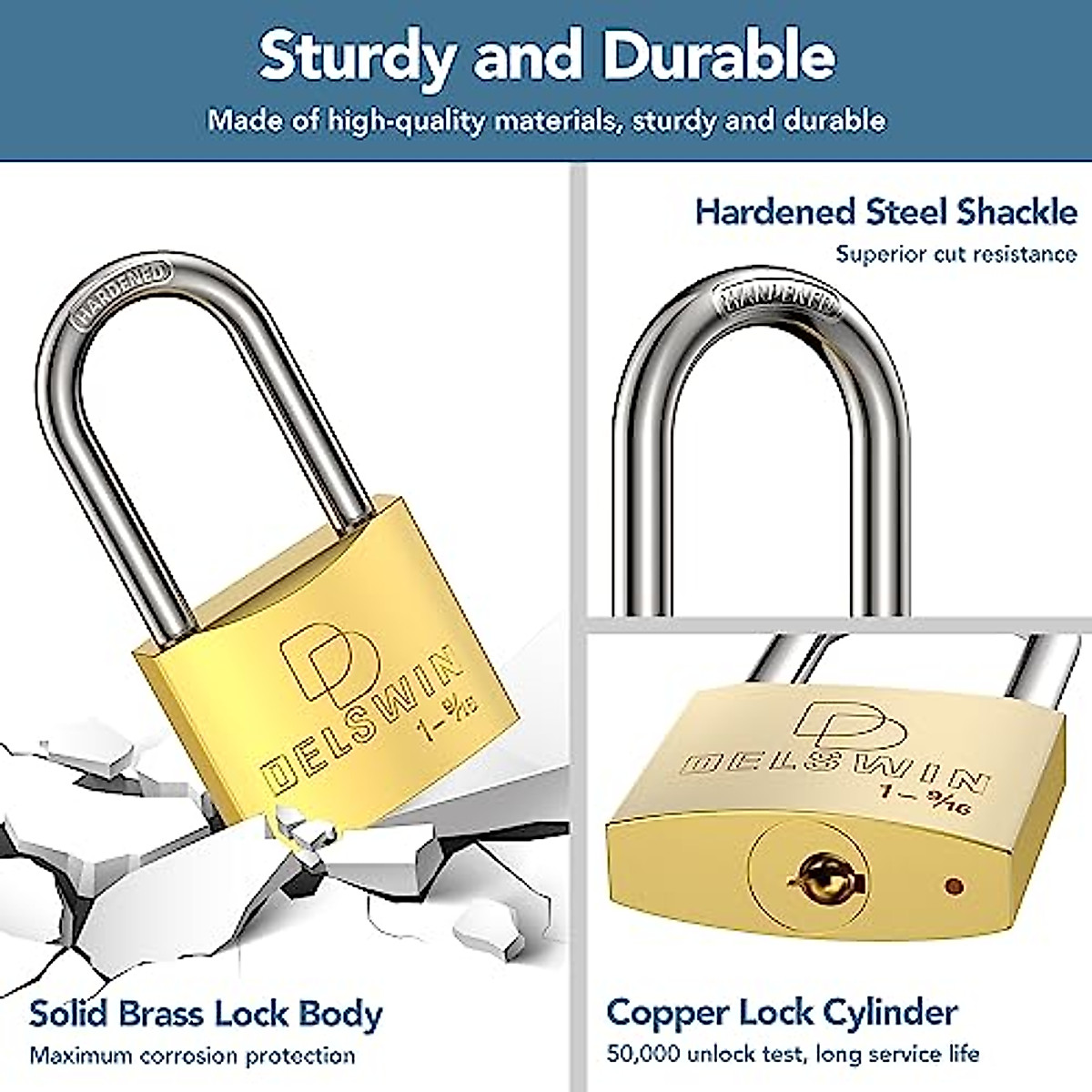 DELSWIN Brass Padlock with Same Keys - Heavy Duty Solid Brass Locker Lock with 1-4/5 in. Long Shackle, Marine Grade Pad Lock for Outdoor Gate, Fence, Shed (2 Locks with 4 Keys)