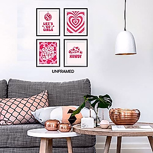 OGILRE Pink Abstract Disco Ball Let's Go Girls Howdy Good Vibes Only Preppy Wall Art Decorations Prints, Cowgirl Hat Hearts Boho Poster, 8x10 Inch 4 Set UNFRAMED