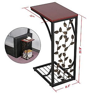 Yaheetech C Shaped End Table Set of 2 Sofa Side Tables for Living Room, Couch Tables Small Coffee Tray Snack Tables Slide Under Sofa with Elegant Leaf Design, Bronze Metal Frame and Wooden Tabletop