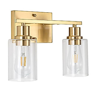 EMONG Gold Bathroom Light Fixtures,2-Lights Brushed Brass Vanity Light with Clear Glass Shade,Modern Wall Sconces for Hallway, Farmhouse,Living Room