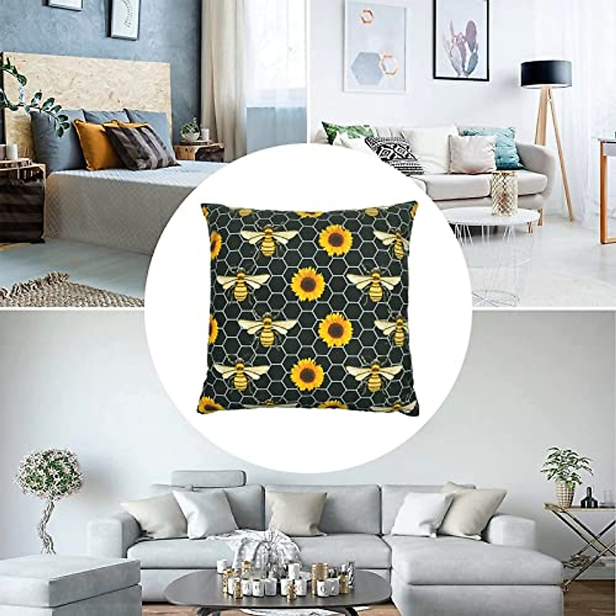 Deco4URLife Sunflower Bee on Black Honeycomb Background Set of 2 Throw Pillow Covers with Hidden Zipper, Square 18X18 inch/45x45 cm Cushion Covers for Outdoor Indoor Decor, Double-Sided Printed