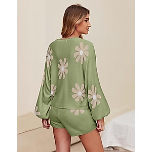 Ekouaer Knit Pajamas Set for Women Lounge Sets Long Sleeve Sweatsuit Matching 2 Piece Outfits Cute Sweater Sets Floral Green XXL
