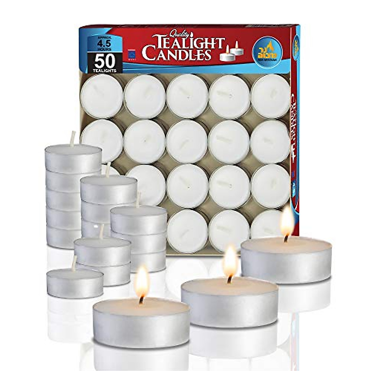 Tea Light Candles - 50 Bulk Pack - White Unscented Travel, Centerpiece, Decorative Candle - 4.5 Hour Burn Time - Pressed Wax - by Ner Mitzvah
