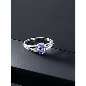 1.00 Ct Natural Oval Tanzanite and White Topaz 925 Sterling Silver Women's Ring, ring size 7