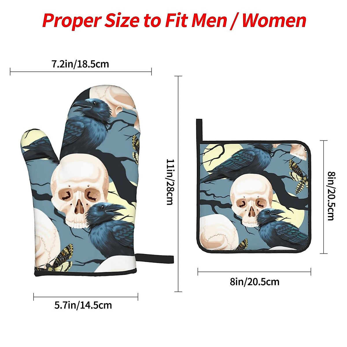 EZDNAGP 4pcs Oven Mitts and Pot Holders Sets Oven Kitchen Gloves Hot Pads for Cooking BBQ Baking Grilling - Raven Skull Bird Death Butterfly
