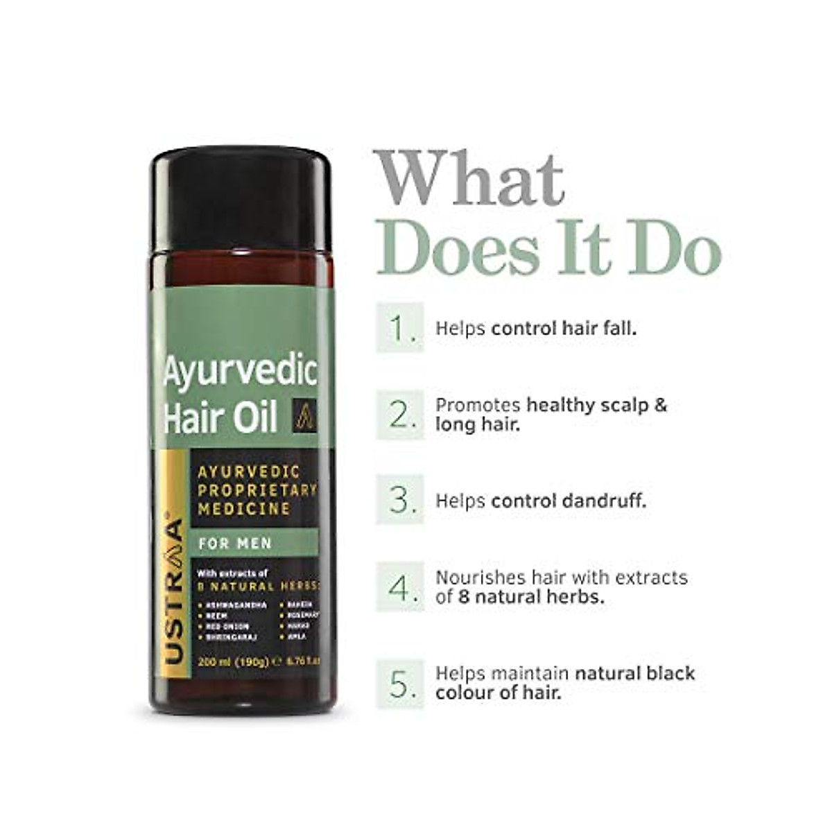 Ustraa Ayurvedic Hair Oil 6.76 Fl Oz - Ayurvedic Proprietary Medicine - for Hair - with 8 Natural Herb extracts, Controls hair loss, Fights Dandruff, Ayurvedic Nourishment for Hair, No Parabens, No Silicone, No Mineral Oil