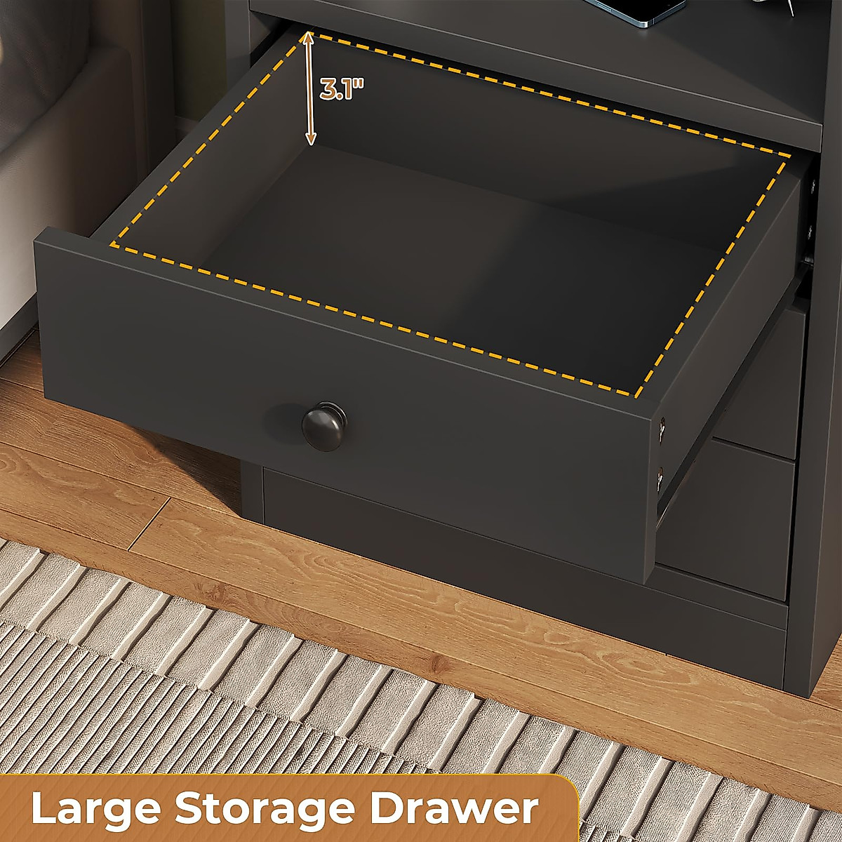 Tiptiper Black Nightstand with Charging Station 3 Drawers, Wood Sofa End Side Table with USB Ports and Outlet, Bedside Table Bedroom Nightstand with Sliding Drawer & Hutch