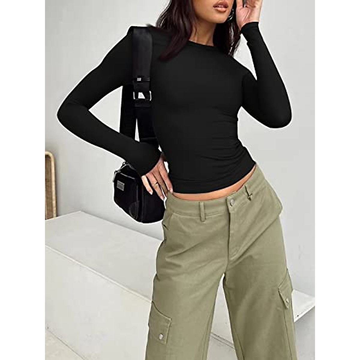 Trendy Queen Long Sleeve Shirts for Women Fall Clothes Fashion 2023 Going Out Tops Long Sleeve Crop Tops Sweaters Workout Basic Cute Y2K Shirts Winter Clothes Teen Girls Black