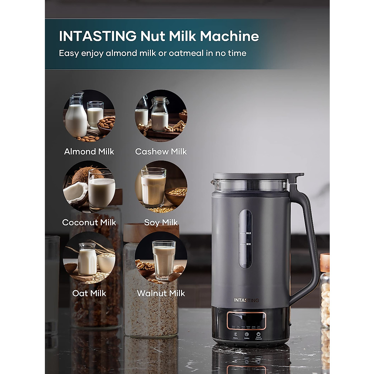 INTASTING Automatic Nut Milk Maker, Glass Inner, Homemade Almond, Oats, Etc Grain, Soy Milk Machine with 6 Preset, Keep Warm, Delay, Boil Water, Blende, Self-Clean, Boil-Dry Protection, Easy Clean