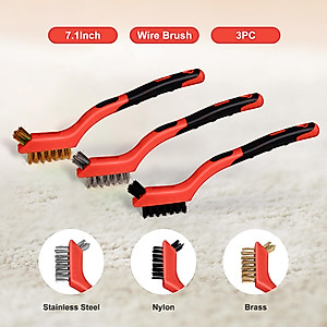 MAXMAN Wire Brush Set 3-Pack, Small Wire Brushes for Cleaning, Rust Remover, Dirt Cleaner, Metal Brush, Paint Scrubbing, 7" Deep Clean Detailing Tools, Brass/Stainless Steel/Nylon Bristles, Red.