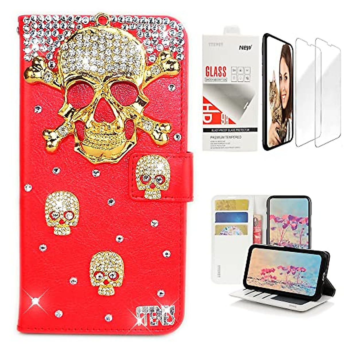 STENES Bling Wallet Phone Case Compatible with Samsung Galaxy Z Fold 2 5G - Stylish - 3D Handmade Skull Glitter Magnetic Wallet Leather Girls Women Cover with Screen Protector [2 Pack] - Red