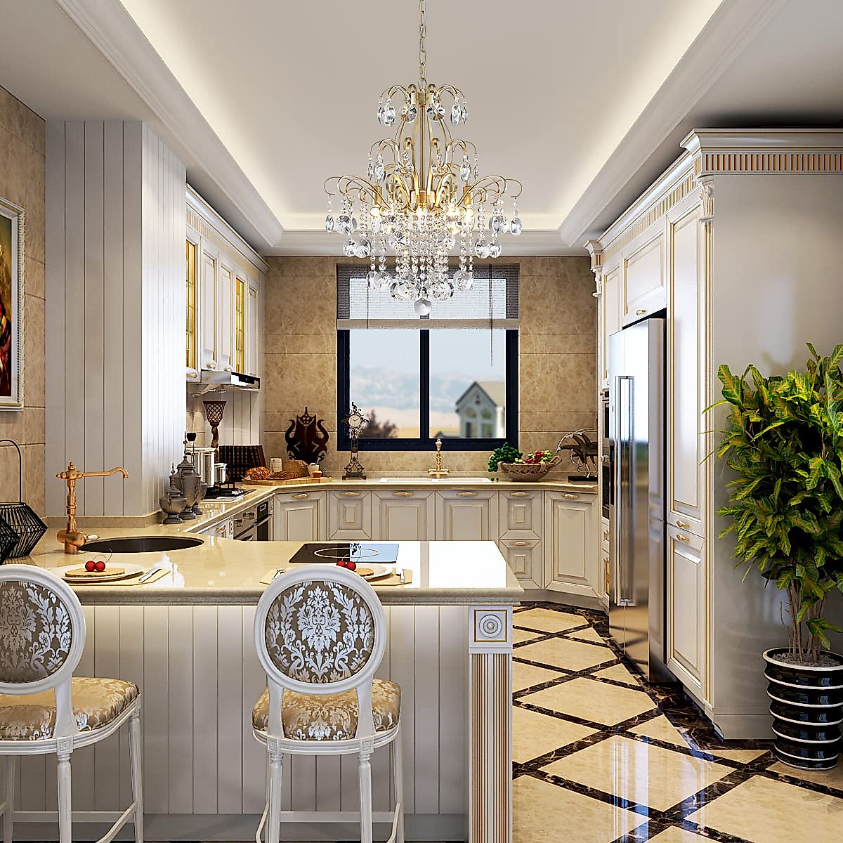 WUZUPS Crystal Chandelier 5-Light Pendant Ceiling Light Modern Lighting Fixture for Bedroom Hallway Bar Kitchen Bathroom, H 22.6'' x W 19.2'', E12 Base, Gold