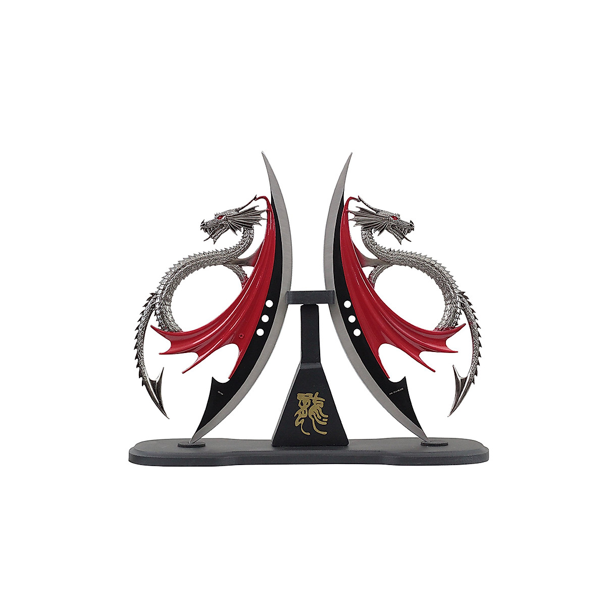 Wuu Jau H-548 Dual Fantasy Dragon Dagger Display with Wooden Stand, 11"
