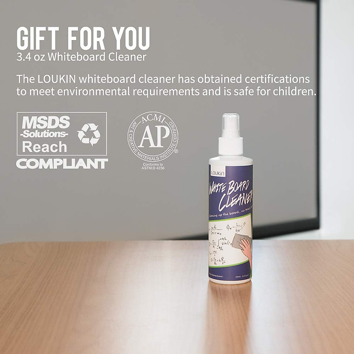 LOUKIN Magnetic Dry Erase Eraser, Whiteboard Eraser, Glass Board Eraser(Gray), Free 3.4 oz Whiteboard Cleaner Included, for Classroom, Home and Office Use