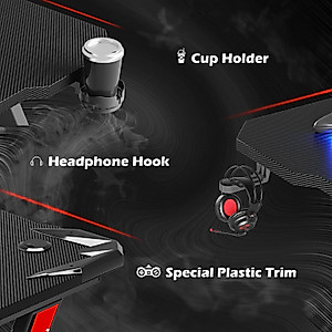Shahoo PC Gaming Desk 44 Inch Z Shaped Carbon Fiber Surface Desktop Computer Table with Cup Holder & Headphone Hook, 44 in, Black