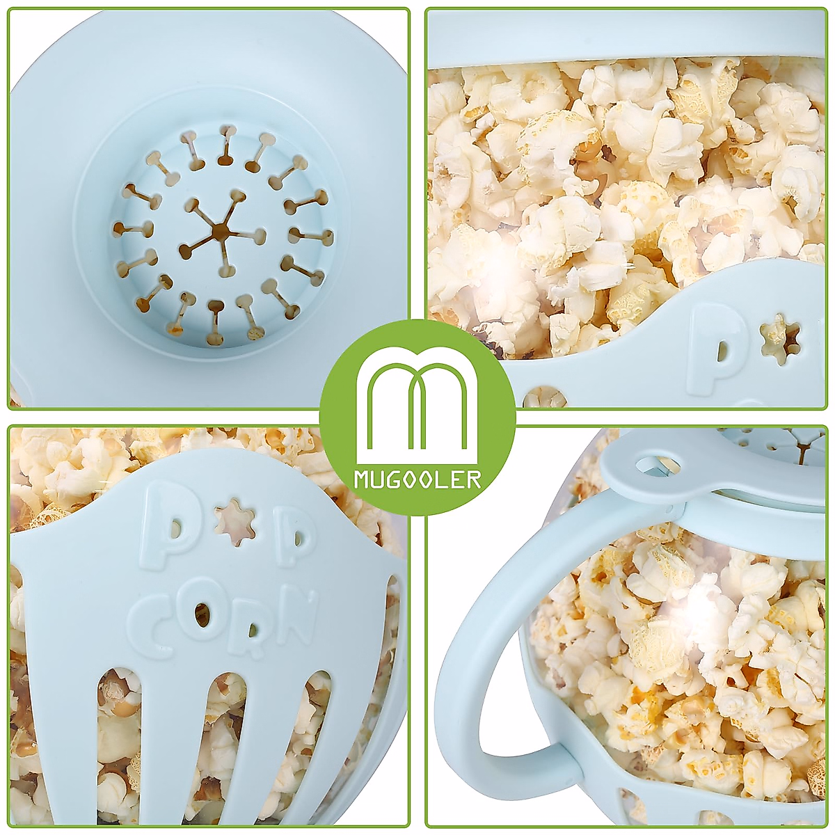 MMUGOOLER Glass Microwave Popcorn Popper, 2.25QT Original Popcorn Jar with Silicone Lid, BPA Free, Dishwasher Safe- blue