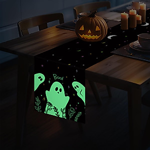 Halloween Luminous Table Runner Cute Ghost Floral Stars Noctilucent Runner Farmhouse Holiday Home Party Kitchen Dining Table Glow in The Dark Indoor Outdoor Decoration 13x72 Inch