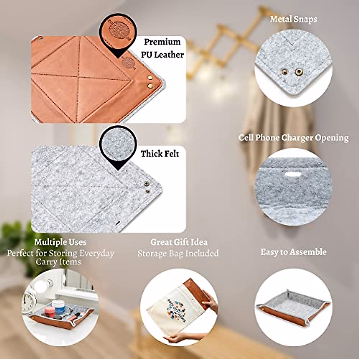 Leather Valet Tray for Men and Catchall Tray | Leather Tray w/Charger Slot | Mens Valet Tray | Catch All Tray w/Felt Interior | Leather Catchall Key Tray | EDC Tray for Men and Everyday Carry Tray