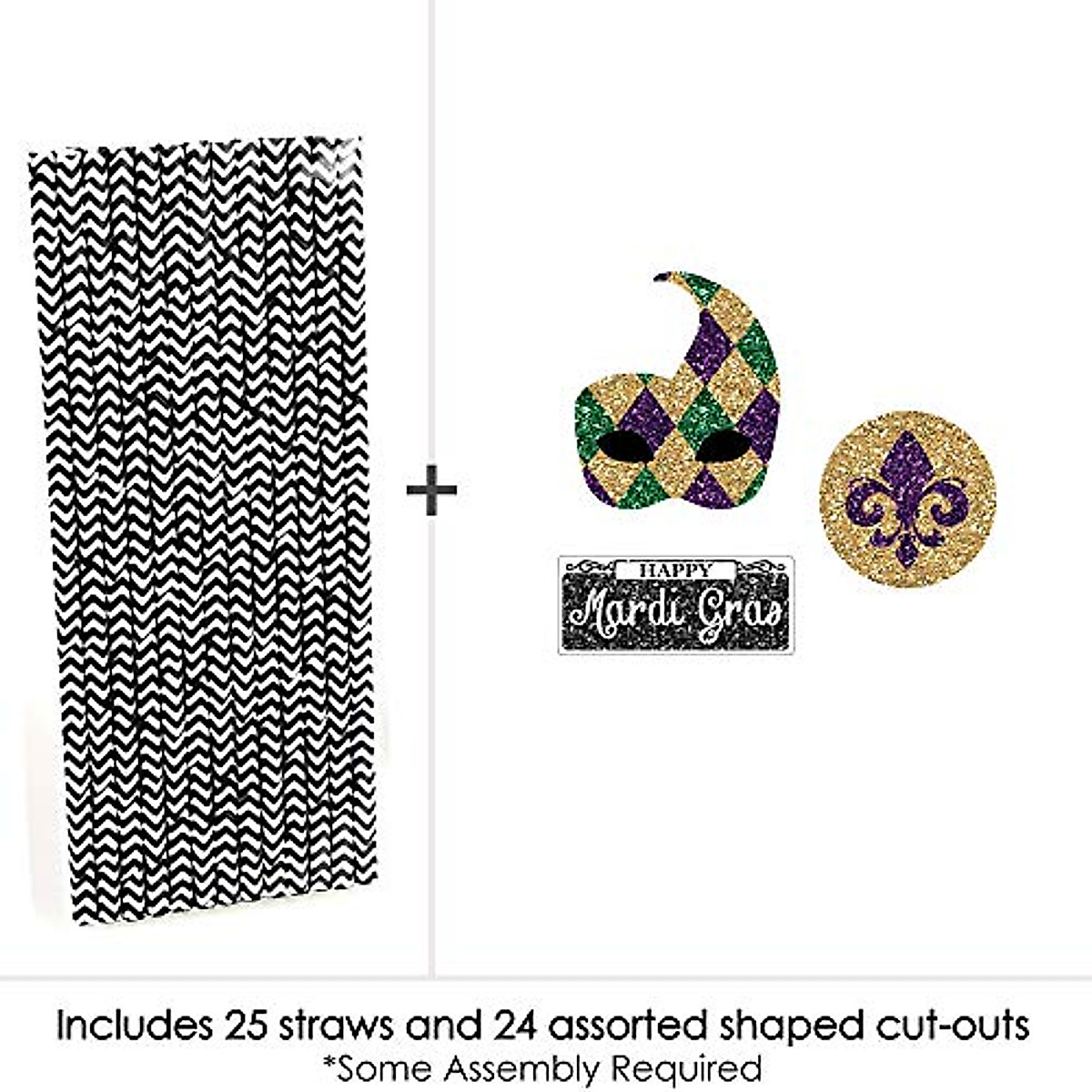 Mardi Gras Paper Straw Decor - Masquerade Party Striped Decorative Straws - Set of 24