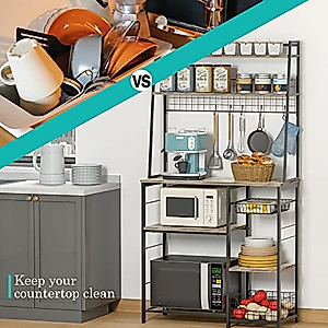 Kitchen Baker’s Rack with Storage Coffee Bar Station, 68inch Microwave Oven Stand with Pull-out Wire Basket 12 Hooks,5 Tier Storage Shelf with Mesh Panels for Utensils, Pots, Pans, Spices