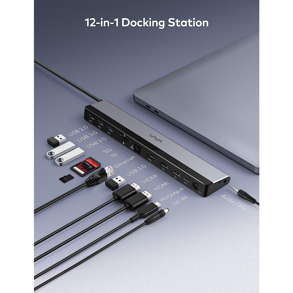 VAVA USB C Docking Station 12-in-1 USB-C Dock (Thunderbolt 3) with Dual HDMI 4K 60Hz, RJ45 Ethernet, 4 USB Ports, SD/TF Card Reader, 85W PD Charging, Audio for MacBook/Pro/Air, Type C Windows Laptop