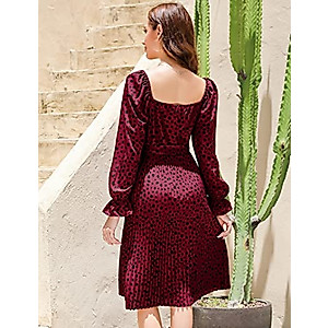 Womens Red Dress Lantern Sleeve Square Neck A Line Flare Midi Ladies Leopard Print Dresses Formal Work Office