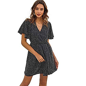 Romwe Women's Short Sleeve V Neck All Over Print High Waist A Line Summer Short Dress Black S