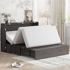 Mjkone Murphy Bed Cabinet Queen with Foldable High Elasticity Mattress, Cube Cabinet Bed with USB Charging Station, Solid Wood Chest Bed for Bedroom Guest Room Office (Gray, Cabinet Bed A)