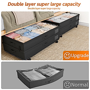EnHomee Under Bed Storage with Wheels Underbed Storage with Wheels Under Bed Storage Containers with Clear Windows 134 QT Double Layer Large Capacity Under Bed Storage with Sturdy Handle (Black 2Pcs