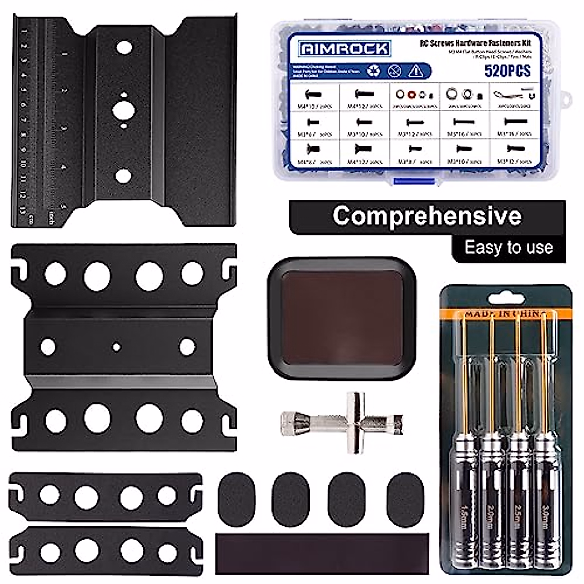 AIMROCK RC Car Repair Work Stand 360° Rotation Lift/Lower 520P RC Screw Fastener Box 4P RC Hex Screwdriver Tool Kit for 1/8 Buggy 1/10 1/12 1/16 RC Drift Car Monster Truck Crawler (Black)