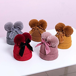 Toddler Baby Boy Girl Knitted Pompom Beanie Hat Thicken Warm Crochet Bow Double Pom Beanie Cap Kids Winter Hats Black