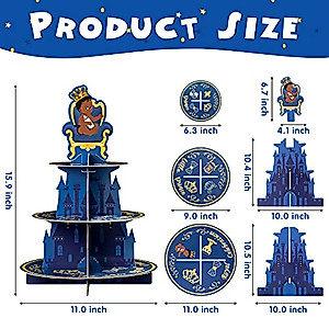 Haooryx Royal Prince Cupcake Stand Decorations 3 Tier African American Little Prince Cupcake Tower Cardboard Black Boys Crown Castle Dessert Holder for Boy Birthday Party Baby Shower Supplies