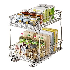 LANEJOY 2 Tier Pull Out Shelf(12 1/8" W x 16 3/8" D), Stainless Steel Slide Out Cabinet Organizer, Heavy Duty Under Sink Organization Storage for Kitchen Base Cabinet Organization