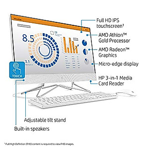 HP 24-inch All-in-One Touchscreen Desktop Computer, AMD Athlon Gold 3150U Processor, 8 GB RAM, 512 GB SSD, Windows 10 Home (24-df0040, White), Snow White