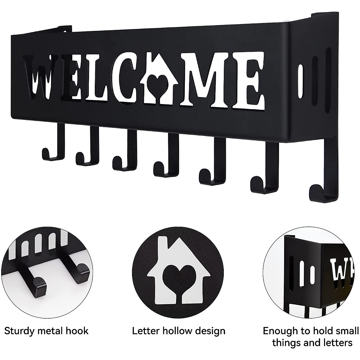 decorelax Key Holder & Rack Welcome Style Design Metal Key Rack with 7 Hooks Mail and Key Organizer Black