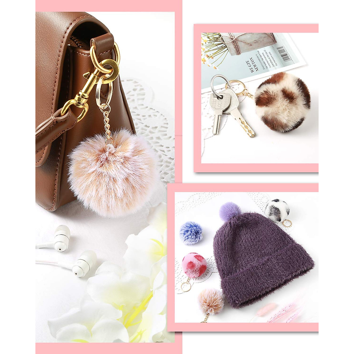 Auihiay 40 Pieces Pom Poms Keychains Fluffy Balls Pompoms Key Chain Faux Rabbit Fur Pompoms Keyring for Girls Women Hats Bags Knitting Accessories
