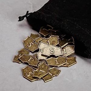 50 Pieces Magic Gathering Counters Tokens Antique Gold Metal Tokens Counters Creature Stats or Loyalty Counters Double Sided Compatible with MTG and CCG Card Gaming Accessories with Velvet Drawstring