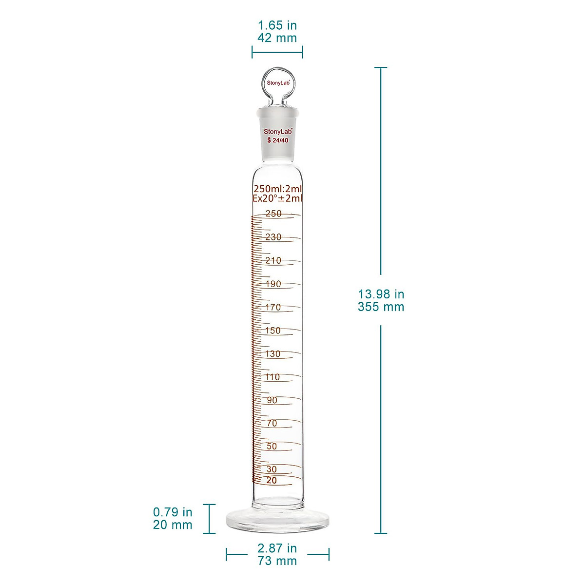 stonylab Measuring Cylinder with Stopper, 250 ml Heavy Wall Borosilicate Glass Measuring Graduated Cylinder with 24/40 Standard Ground Joint and Flat Head Stopper, 1 Pack