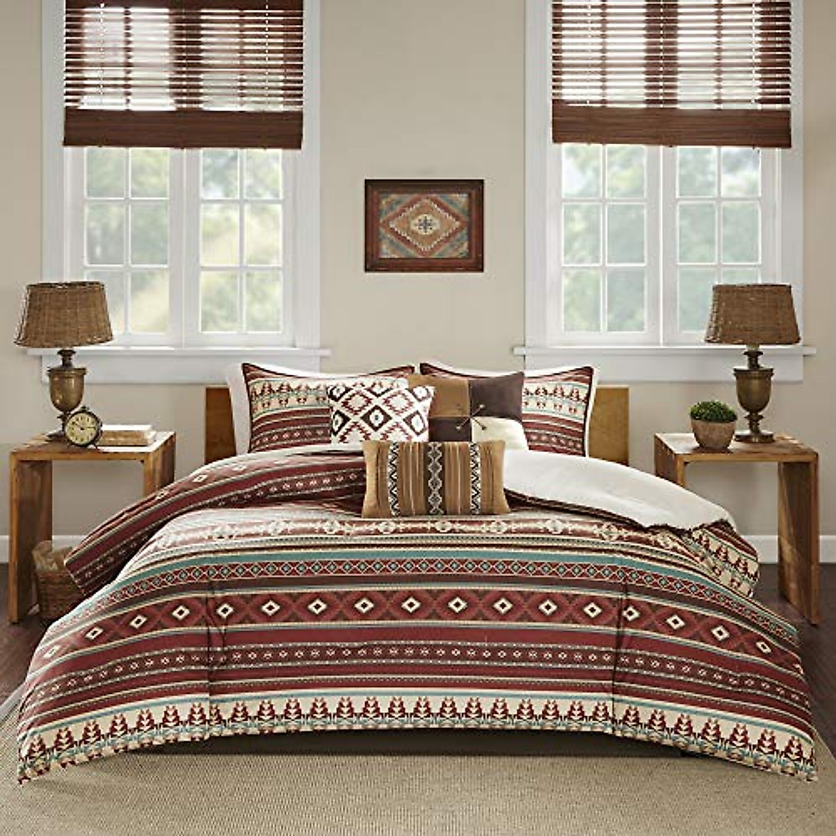 Madison Park Cozy Comforter Set-Rustic Southwestern Style All Season Down Alternative Casual Bedding, Matching Shams, Decorative Pillows, Queen (90 in x 90 in), Spice Brown Multi