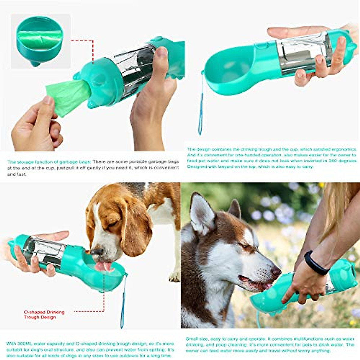 Portable Dog Water Bottle, Dog Travel Water Bottle Bowl Dispenser with Drinking Feeder Bowl Poop Bag for Dogs Small Pets Walking, Traveling, Hiking (Blue)