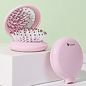 Mini Hair Brush for Purse, Small Portable Pocket Hair Brush with Mirror for Girls, Travel Size, Pink