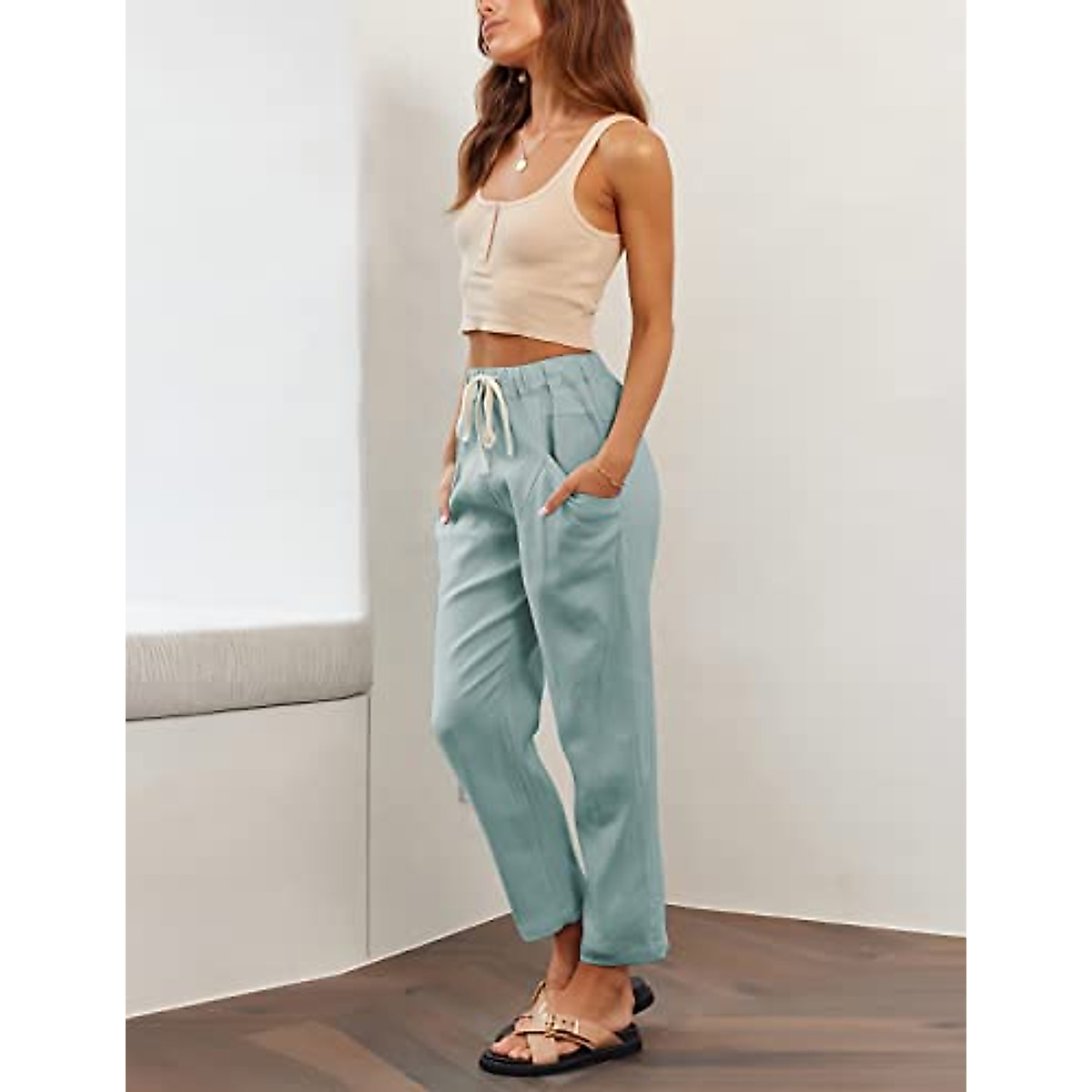 Lianlive Linen Pants Women Black White Cotton Pull On Drawstring Summer Beach Pants for Women 2024 (SageGreen-XL)