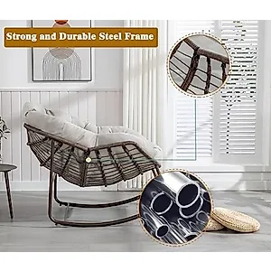 Lin-Utrend Outdoor Patio Rocking Chair,Oversized Egg Rocking Chair,Comfy Wicker Rocker Recliner Chair,Modern Lounge Chair for Living Room Patio,Balcony,Front Porch,Garden(Beige)